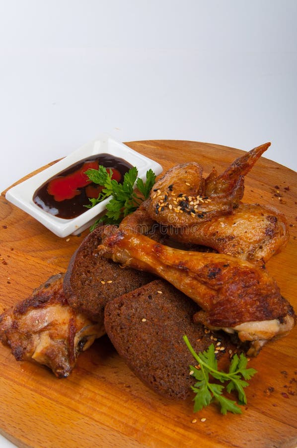 Hot Fried Chicken with Sauce on a Wooden Board Stock Photo - Image of ...