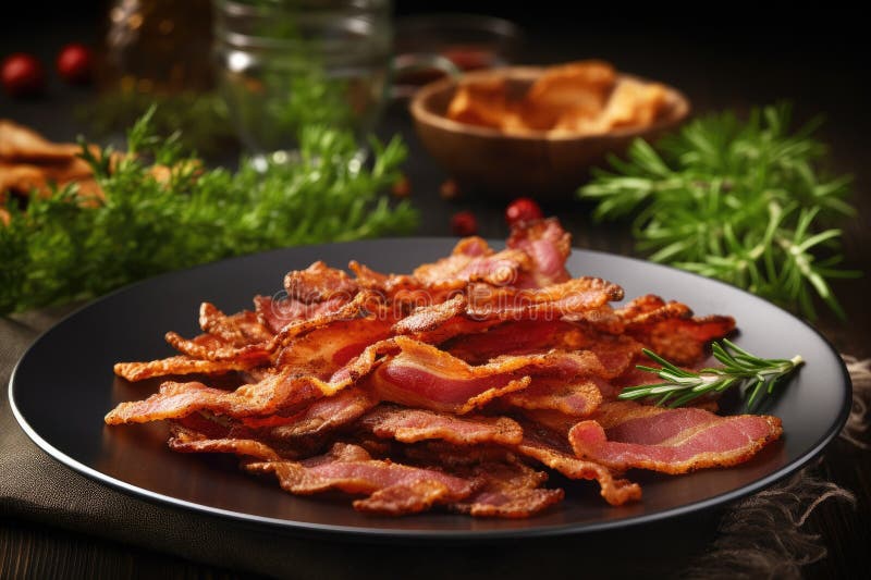 Hot Fried Crunchy Bacon Slices in Plate with Herbs Stock Illustration ...