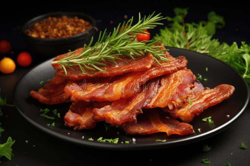 Hot Fried Crunchy Bacon Slices in Plate with Herbs Stock Illustration ...