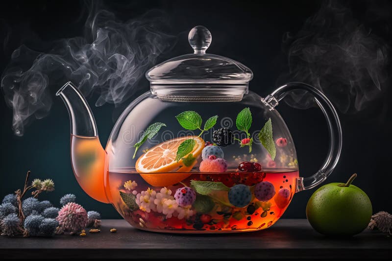 Hot Fruit Tea with Berries in a Glass Teapot Generative AI Stock ...