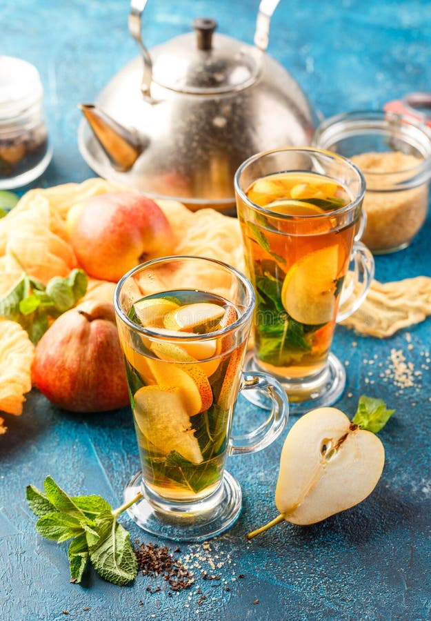 Hot Fruit Tea with Ripe Pears and Mint Stock Image - Image of party ...