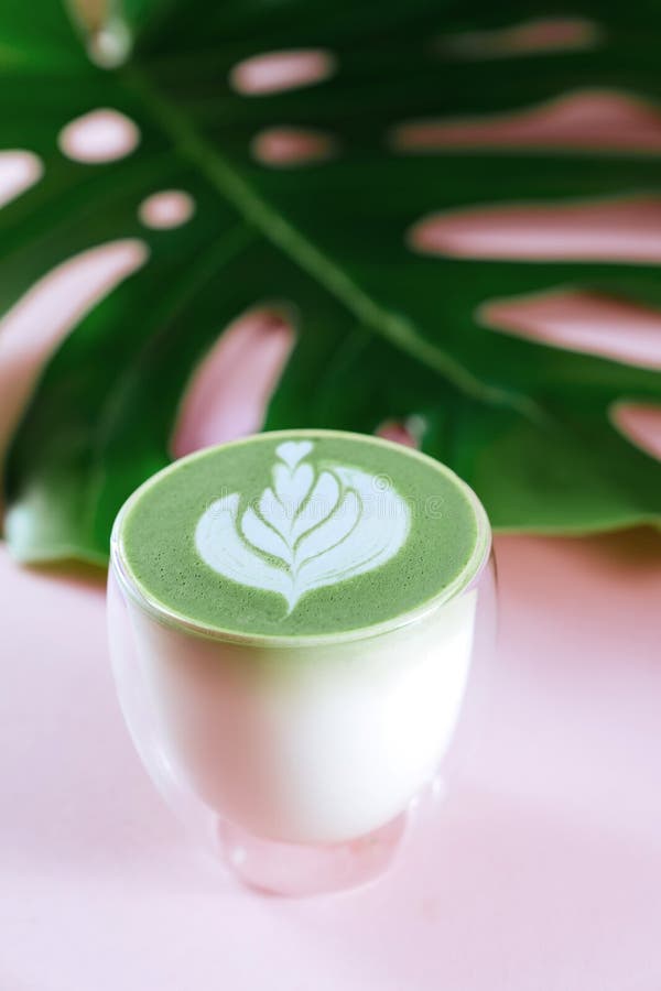 Hot Green Matcha Latte with Green Leave Stock Image - Image of glass ...