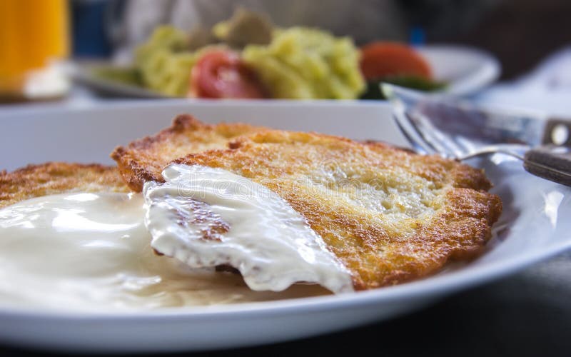Hot Hash Browns with Sour Cream Stock Photo - Image of brown, fritter ...