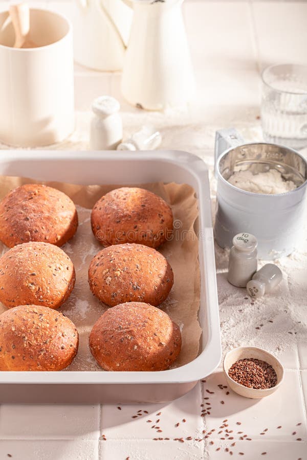 Hot and Healthy Flax Seed Buns in Rustic Bakehouse Stock Image - Image ...