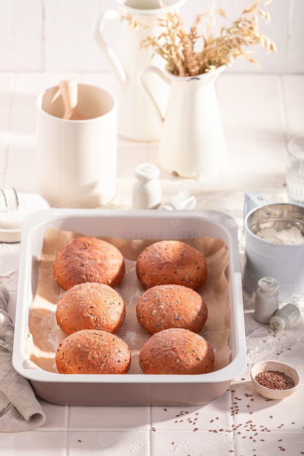 Hot and Healthy Flax Seed Rolls Baked in the Bakery Stock Photo - Image ...