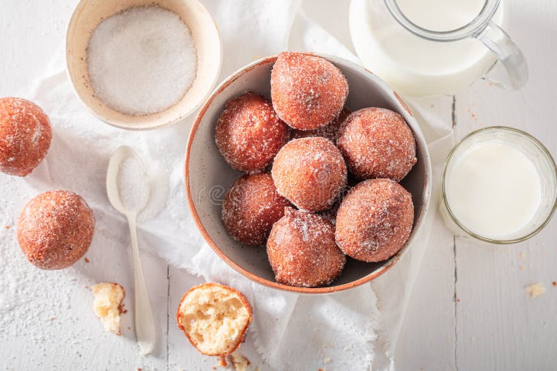 Hot and Homemade Mini Doughnuts with Milk and Caster Sugar Stock Image ...