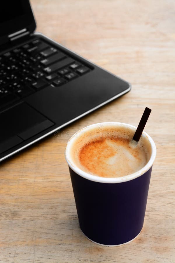 Hot Latte Coffee with Computer Notebook Stock Image - Image of paper ...