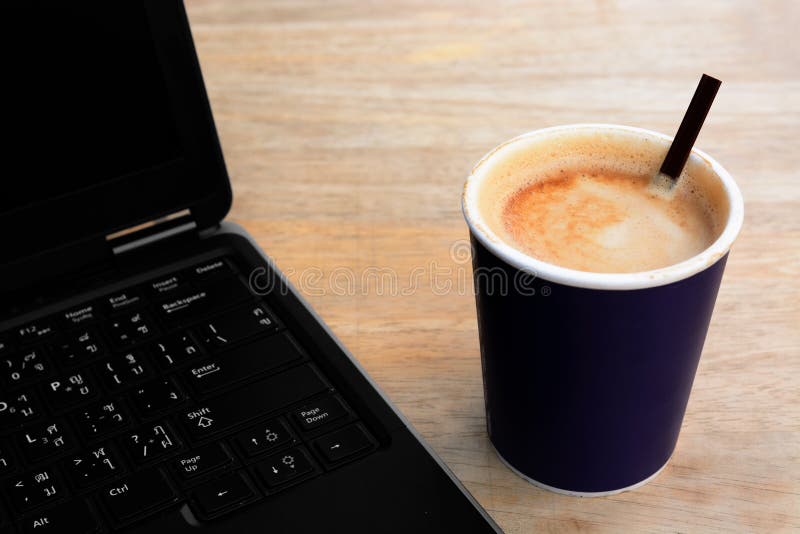 Hot Latte Coffee with Computer Notebook Stock Image - Image of latte ...