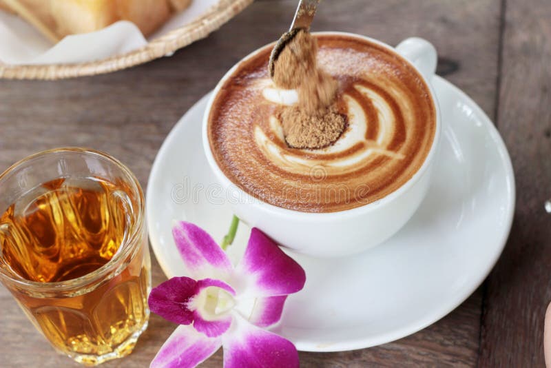 Hot Latte Coffee and Hot Tea with Toast. Stock Photo - Image of ...