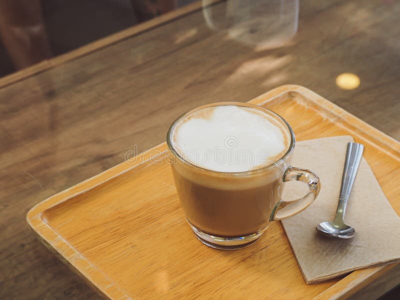 Hot Latte Coffee on Wooden at Cafe during Vacation Stock Image - Image ...