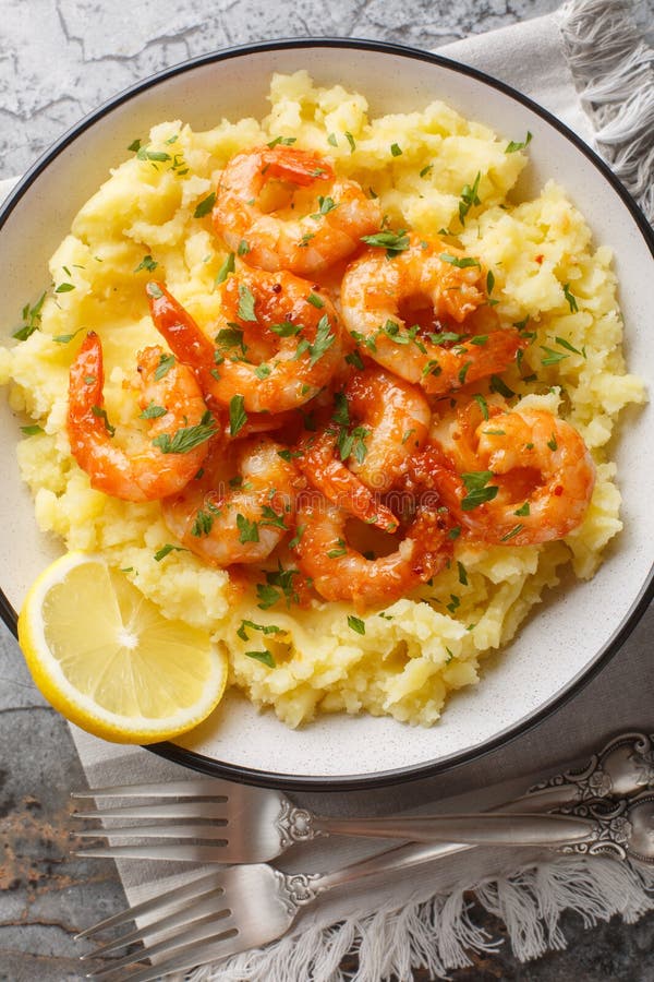 Hot Lemon Butter Shrimp Mashed Potatoes Closeup Plate Vertical Stock ...