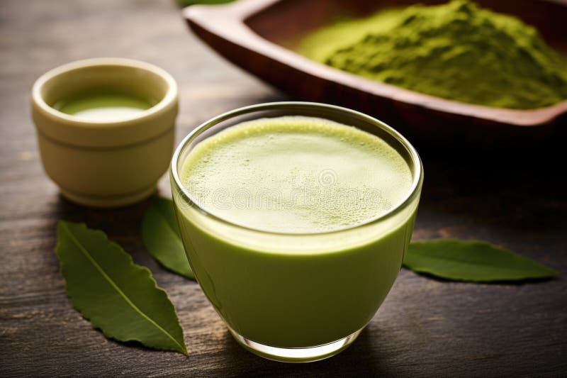 A Hot Matcha Latte beside a Green Tea Leaf Stock Illustration ...