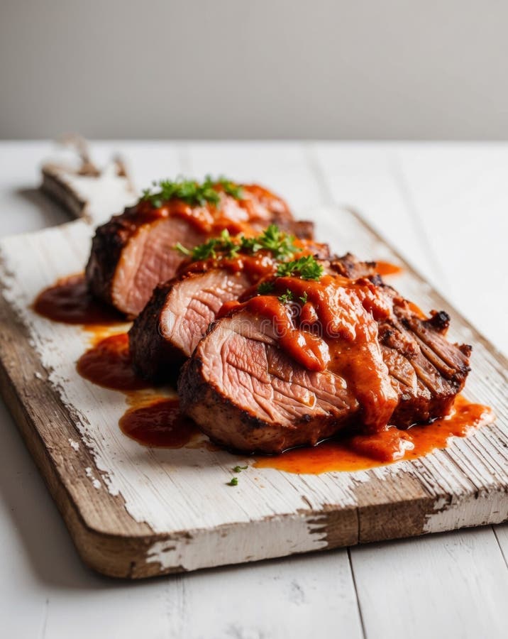 Hot Meat Cut with Sauce on a Wooden Board. Stock Photo - Image of meat ...