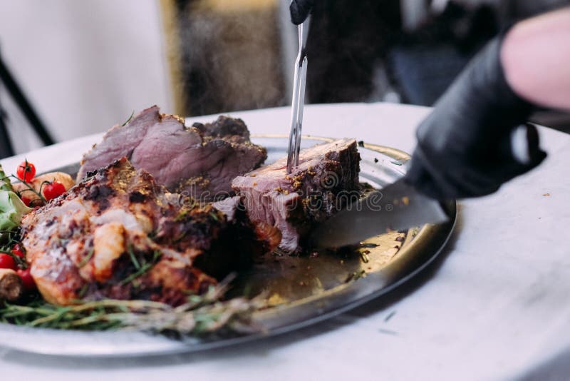 Hot Meat on a Metal Plate Cuts the Cook Stock Photo - Image of plate ...