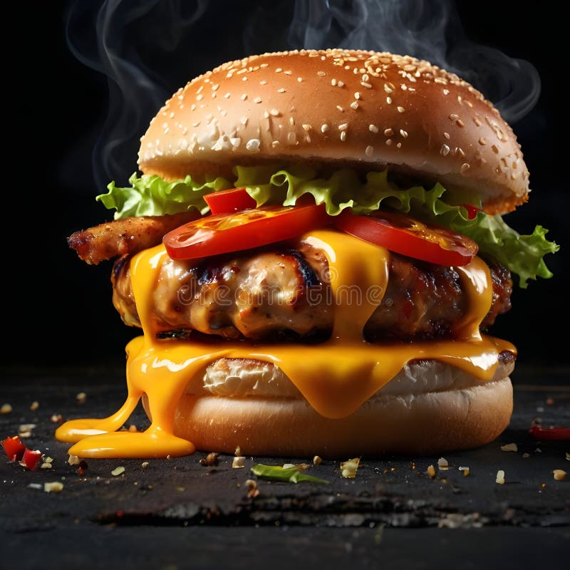 Hot Melting Burger on Smoke Dark Studio Background Stock Illustration ...