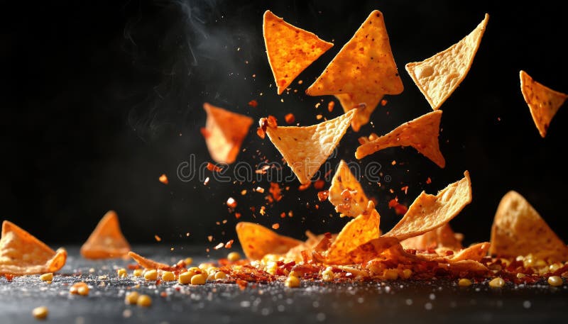 Hot Mexican Nachos on a Black Background with Falling Corn Chips Stock ...