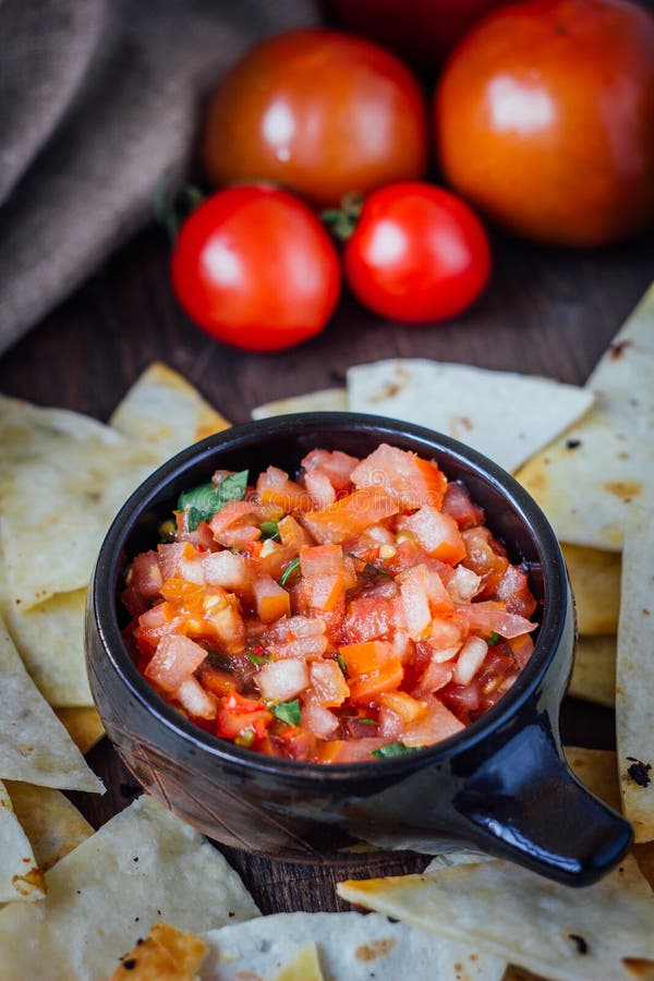 Hot Mexican Salsa - Spicy Dip with Nachos - Chips from Corn Stock Image ...