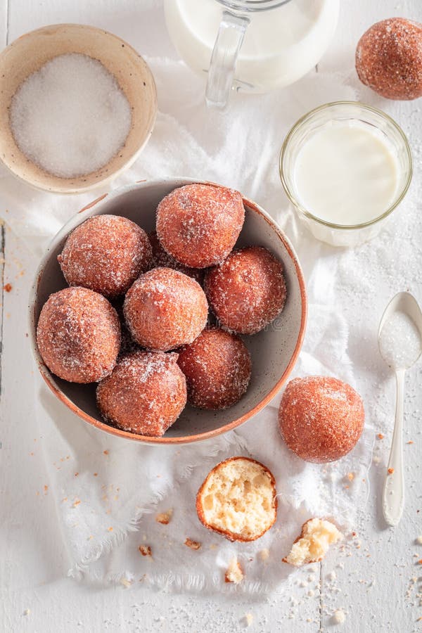 Hot Mini Doughnuts with Caster Sugar and Milk Stock Image - Image of ...