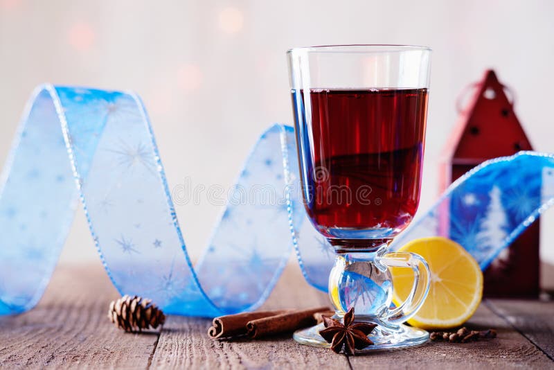 Hot Mulled Wine with Spices, Ribbon and Candlestick Stock Image - Image ...