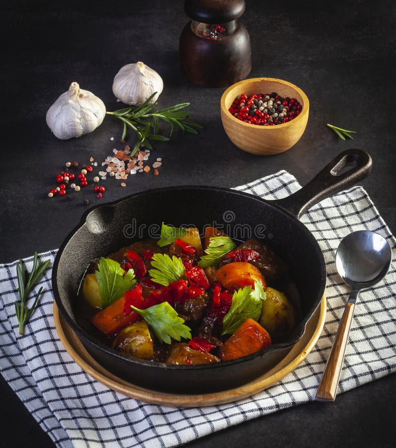 Hot Pan Beef Stew on the Table Stock Photo - Image of dinner, closeup ...