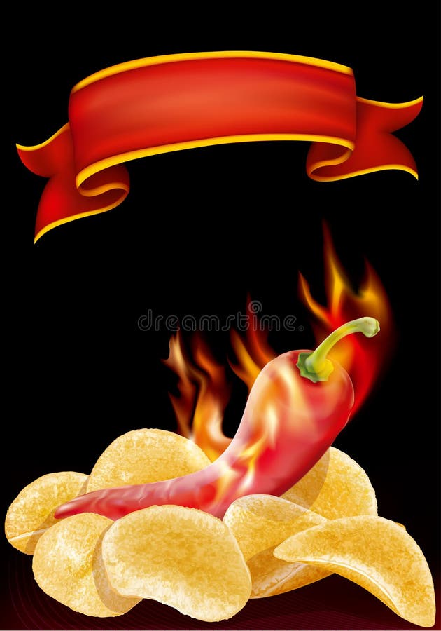 Chips Ads. Hot Chili Pepper Falling into Fire Vector Background Stock ...