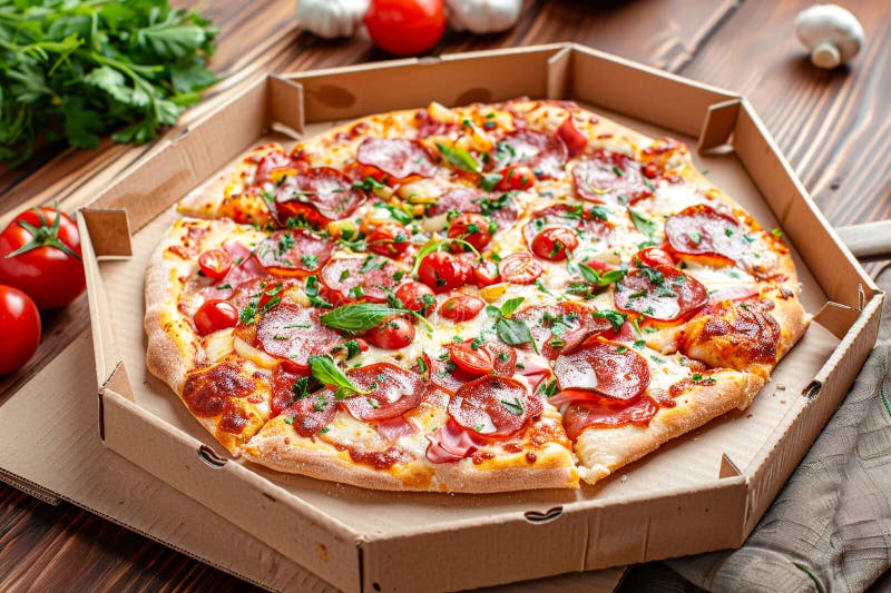 Hot Pepperoni Pizza Cheese Herbs Freshly Served Takeout Box Stock ...