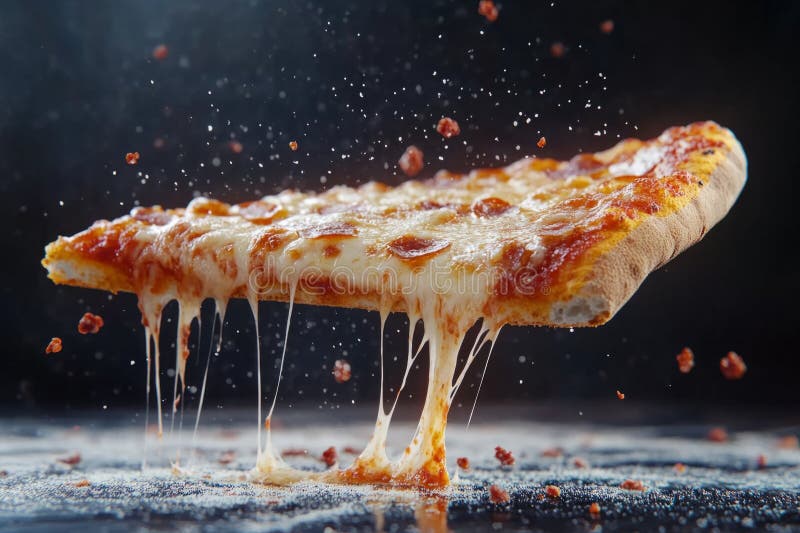 Hot Pepperoni Pizza Slice with Dripping Mozzarella Cheese and Falling ...