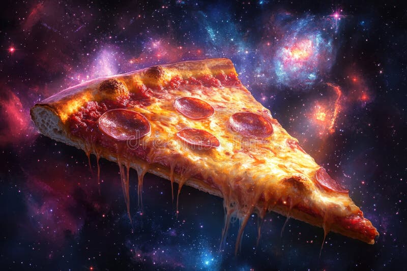 Hot Pepperoni Pizza Slice Floats through the Colorful Nebulae and Star ...