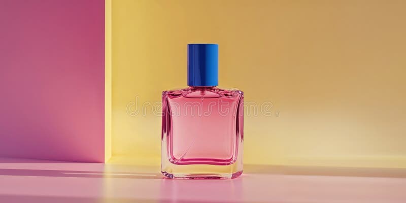 Hot Pink Perfume Bottle with Blue Cap on Yellow Background Stock Image ...