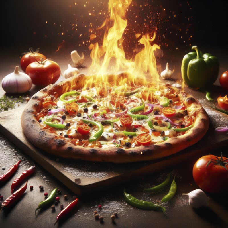 Hot Pizza with Melted Cheese, Fire and Flying Background. Ai Generative ...