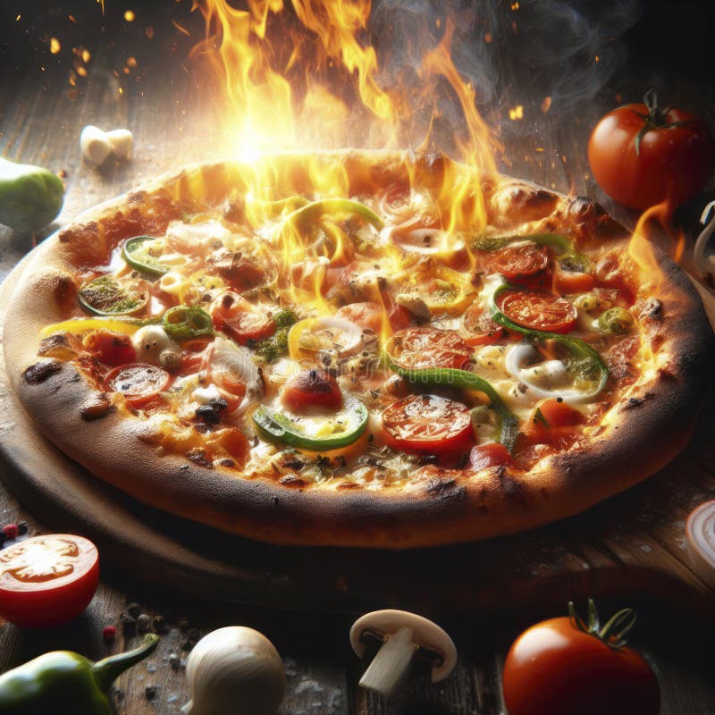 Hot Pizza with Melted Cheese, Fire and Flying Background. Ai Generative ...