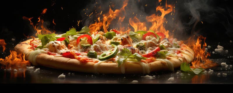 Hot Pizza with Melted Cheese, Fire and Flying Vegetables. Generative Ai ...