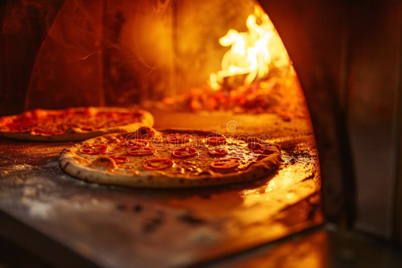 Hot Pizza in Oven with Fire in the Pizzeria Stock Illustration ...