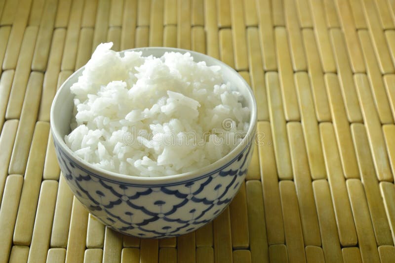 Hot Plain Rice in Bowl on Bamboo Plate Stock Photo - Image of scent ...