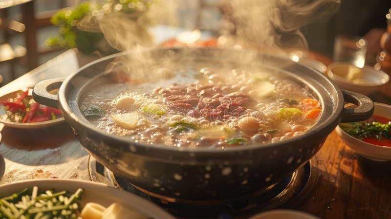 A Hot Pot Boiling with Vegetables and Broth on a Dining Table. Stock ...