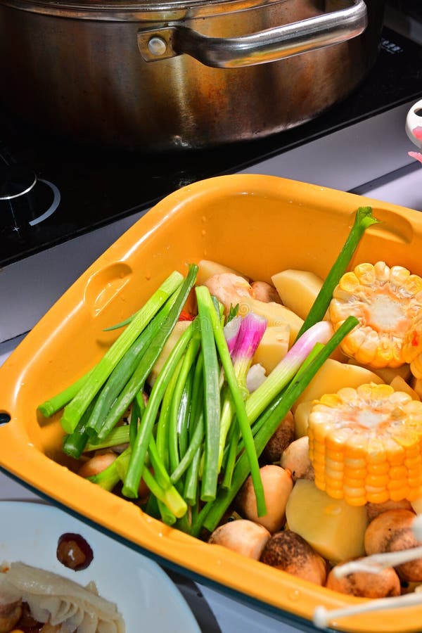 Hot pot corn on dish stock image. Image of leek, uncook - 240615741