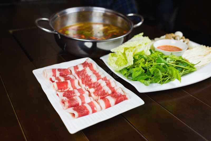 Hot Pot Set with Beef Slides and Vegetable. Asian Food Stock Photo ...