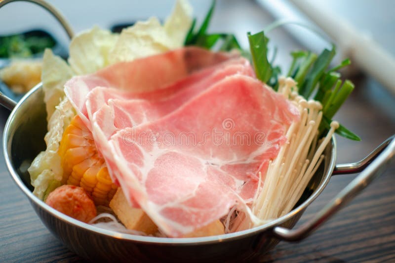 Hot Pot Set with Fresh of Vegetable and Slice Pork Stock Photo - Image ...