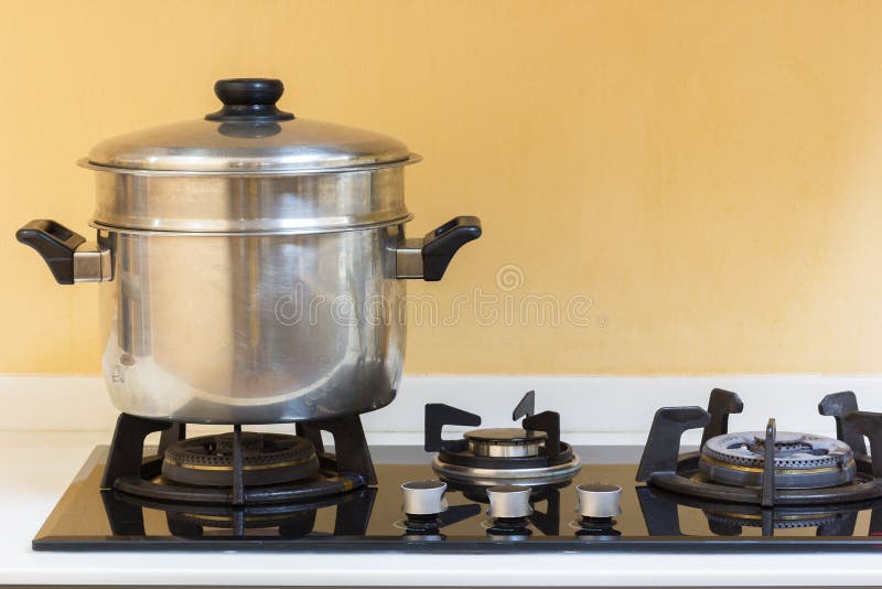 Hot Pot Set on Gas Stove in Modern Kitchen. Stock Image - Image of food ...
