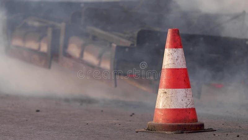 Hot Recycling Machines Running on the Road. Smoke Around Machines Stock ...