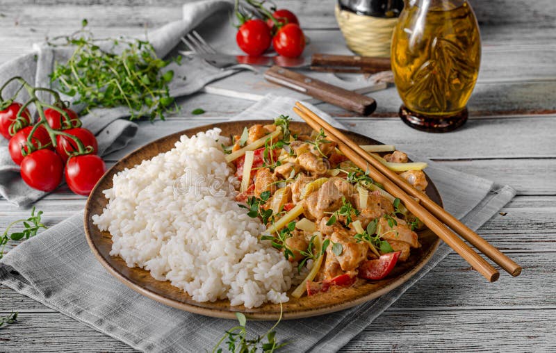Hot red curry and rice stock photo. Image of bowl, pepper - 174834418