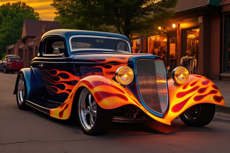 Hot Rod with Flames Painted on the Side, Displayed at a Car Show Stock ...