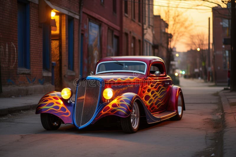 A Hot Rod with Flames Painted on the Side, Parked on a Street Stock ...