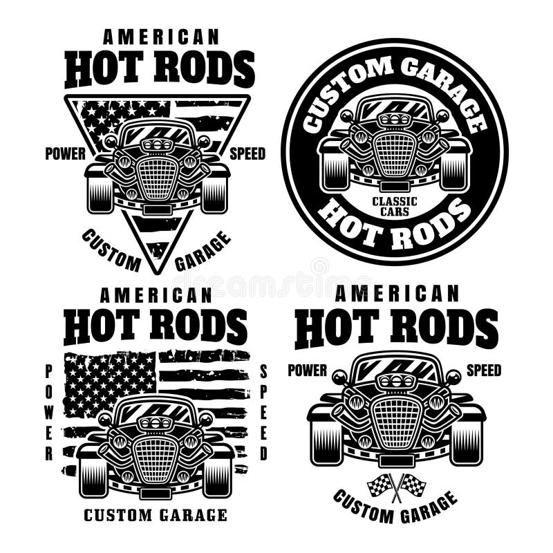 Hot Rod Set of Vector Emblems, Labels, Badges or Prints in Monochrome ...