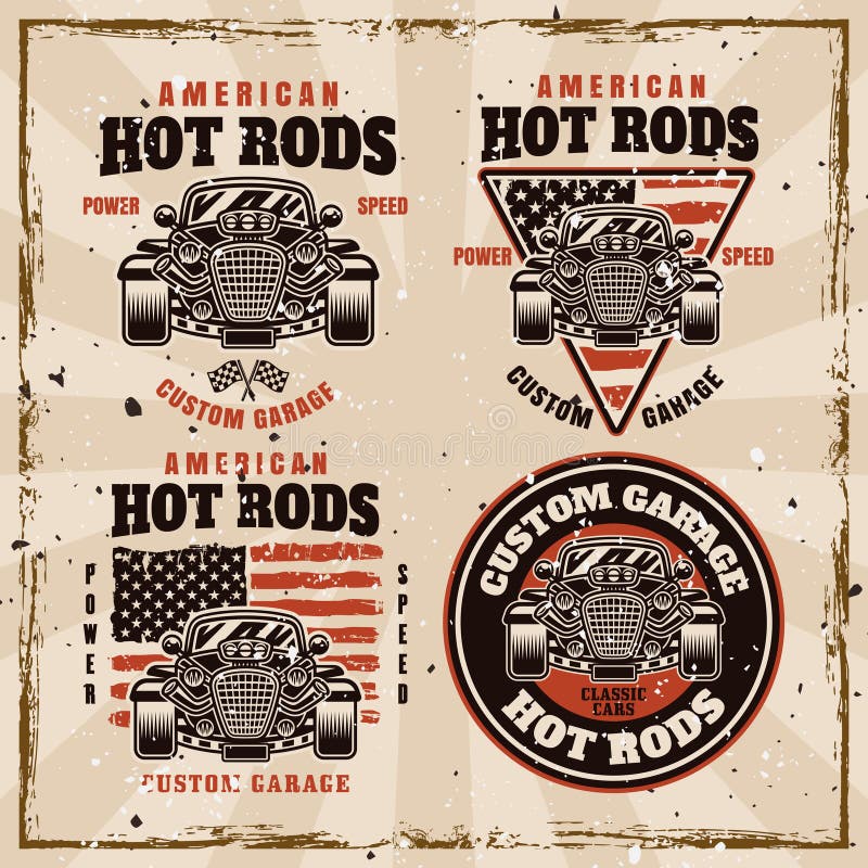 Hot Rod Set of Vector Emblems, Labels, Badges or Prints in Vintage ...