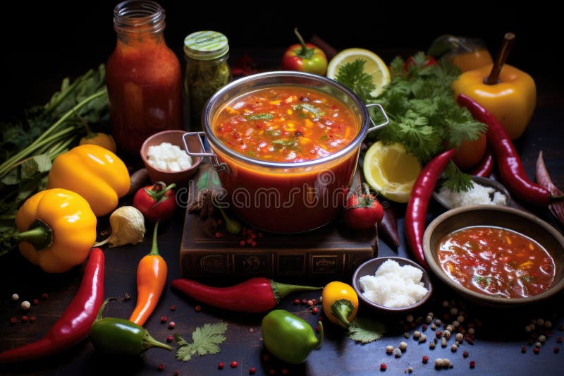 Hot Sauce Recipe Book with Various Peppers Around Stock Photo - Image ...
