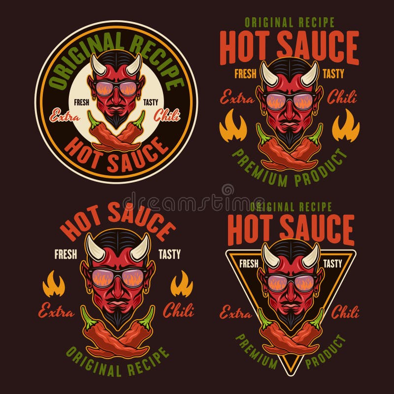 Hot Sauce Set of Vector Emblems, Labels, Badges with Devil Head in ...