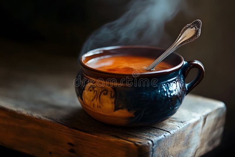 Hot Soup in Ceramic Bowl on Wooden Table, Top Area Cleared for Title or ...