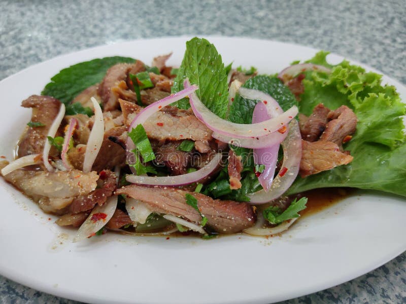 Hot and Spicy Grilled Pork Salad on Disk, Side View Stock Photo - Image ...