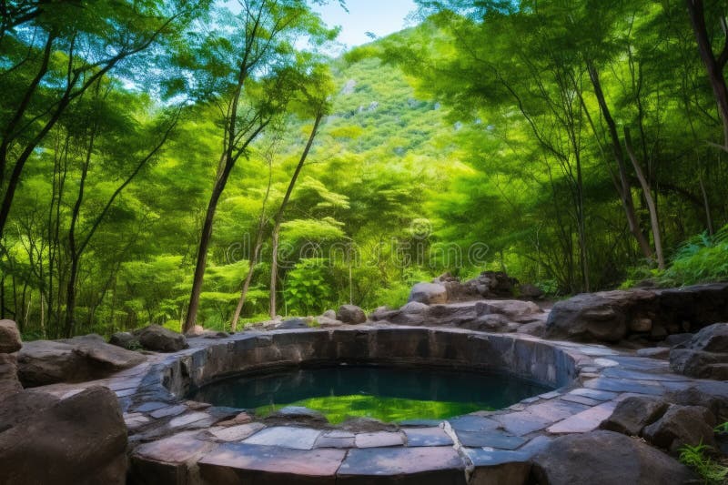 Hot Spring Contained in a Round Stone Basin among Rich Greenery Stock ...